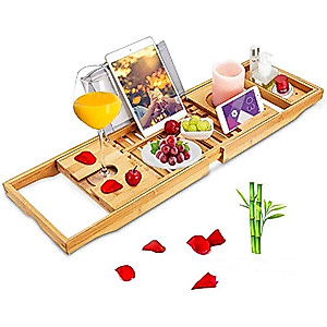 Bamboo Bathtub Caddy Tray, Expandable Bath Tray for Luxury Bath, Wooden Tub Tray with Reading Rack or Tablet Holder, Phone & Wine Glass Holder