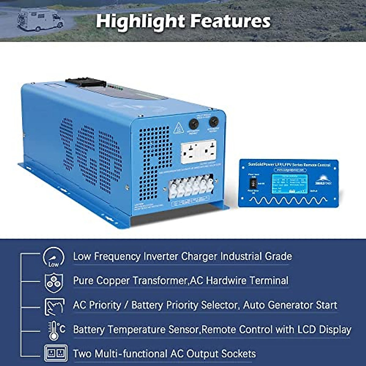 SUNGOLDPOWER 4000W 24Vdc Pure Sine Wave Inverter Low Frequency 240Vac Input 120Vac/240Vac Output Split Phase with Battery Charger Off-Grid 12000W Peak,(Updated Version)