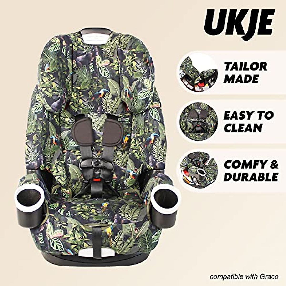UKJE Liner Car Seat Cover Compatible with Graco 4ever DLX 4-in-1 Car Seat, CPSC Compliant Standards, Car Seat Liner Protector, Convertible Car Seat, Travel Accessories, Cotton Cover - Green Monkey