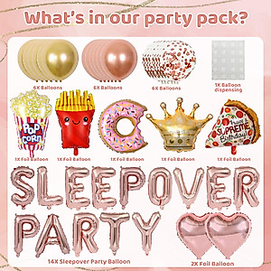 Sleepover Party Supplies for Girls - Rose Gold Sleepover Party Balloon Banner Large Popcorn Donut Pizza Crown Foil Balloons Girls Night Slumber Pajamas Spa Party Birthday Party Decorations