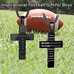 Football Cross Necklace for Boys Inspirational Bible Verse Cross Pendant Stainless Steel Chain 22+2 inch Football Sports Jewelry Football Gift for Men Women(B-Brave Strong)Over 18 years old