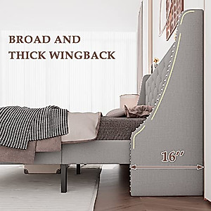 Feonase King Size Bed Frame with Deluxe Wingback Headboard, Upholstered Platform Bed Frame with Diamond Tufting & Storage Shelf, Wood Slats, Easy Assembly, Noise-Free, No Box Spring Needed, Light Gray