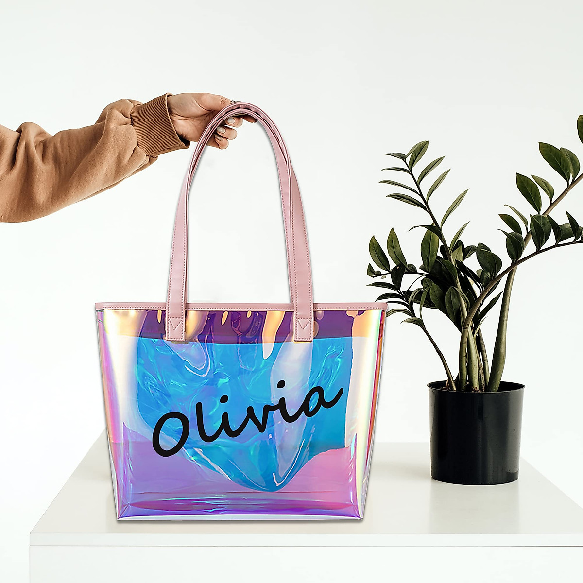 ROXIQ Clear Tote Bag for Women,Large Transparent Holographic Handbag See Through Shoulder Crossbody Bag for Security Travel,Shopping,Sports and Work