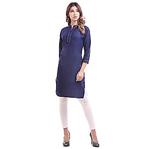 Chichi Indian Women's Plain Cotton Kurti Top, Blue, Small