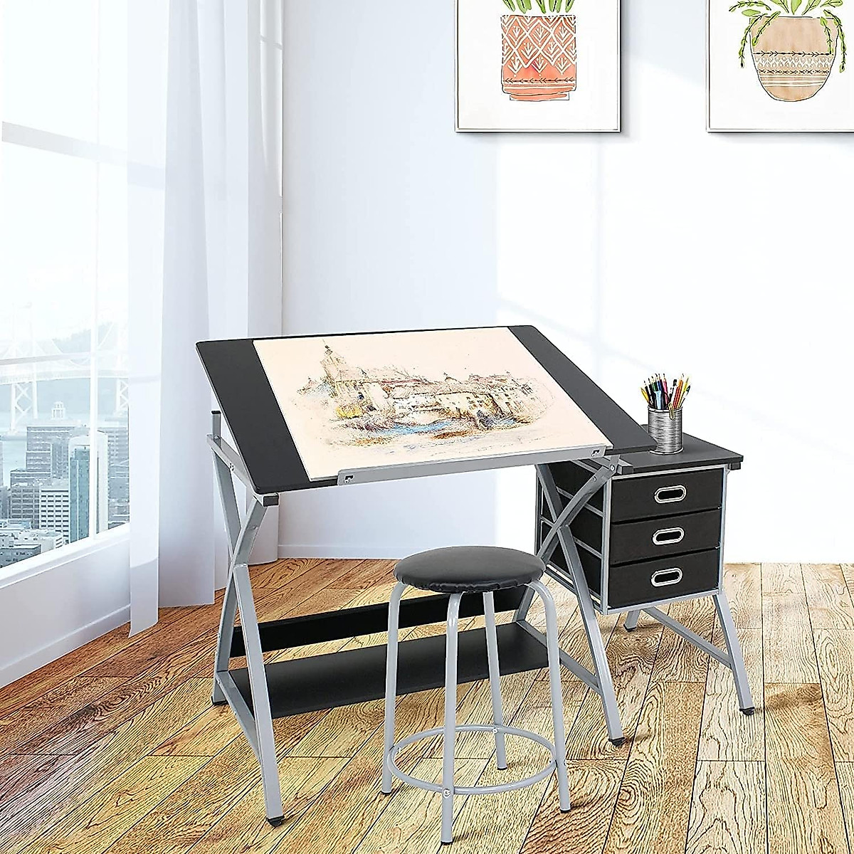 BBBuy Drafting Table Drawing Desk Art Craft Adjustable Tabletop Craft Table w/ 3 Slide Drawers and Stool Set Art Design Workstation for Writing, Painting, Sketching for Home Office, Black