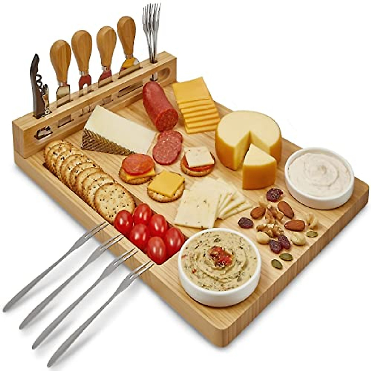Charcuterie Board Set - Bamboo Cheese Board with Knife Set, Wine Opener, Ceramic Bowls & Forks - Removable Magnetic Utensils Holder for Easy Cleaning - Gifts for Housewarming, Weddings & Anniversaries