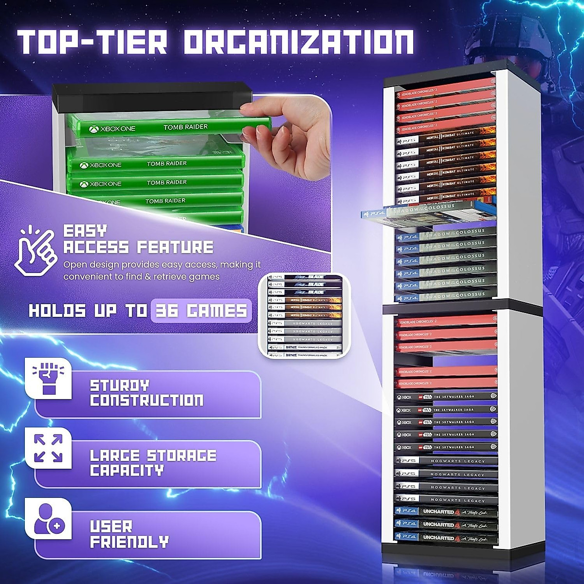 TNP Universal Video Game Storage Tower for PS5, PS4, PS3, Nintendo Switch, Xbox One, Xbox Series S/X - White Video Game Holder Organizer Stand with 36 CD Case Storage for Organizing & Displaying