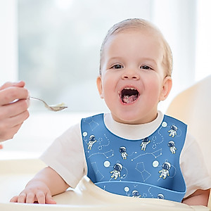 GAJIGAJI Waterproof Silicone Baby Bibs Set of 2, Easy Clean Quick Drying Soft and Comfortable Feeding Bucket Bib, Keep Stain off (Astronaut&Gold Stamp)