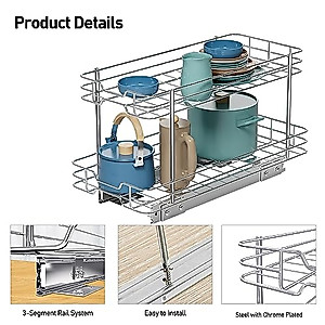 2 Tier Pull-out Cabinet Organizer, 11"W x 21"D Kitchen Under Sink Organizer, Slide Out Home Spice Rack Storage Shelves for Pots and Cans, Drawer Pantry Shelf Organization for Bathroom Base, Chrome