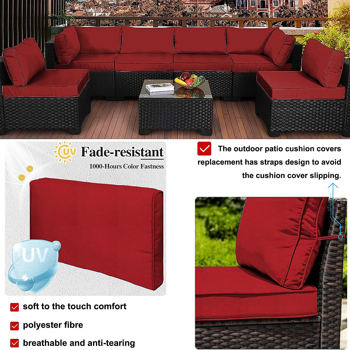 Outdoor Patio Cushion Covers Replacement, Waterproof Furniture Cushion Slipcovers with Zipper, Fit for Wicker Rattan Sectional Couch Chair Furniture Set (4, Red)
