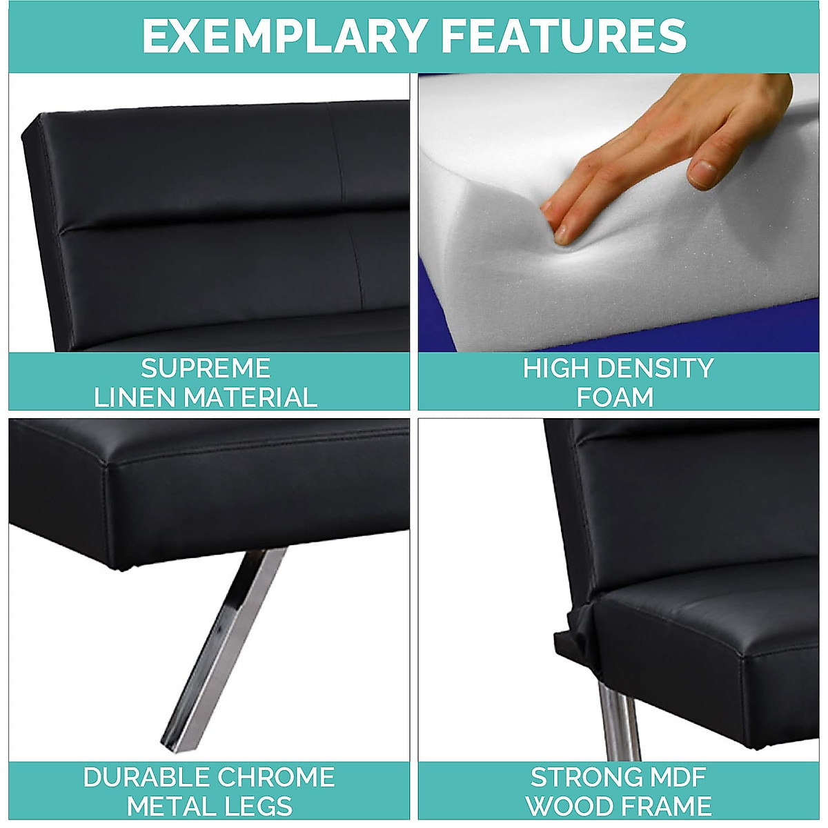 Naomi Home Zoe Futon Sofa Bed, Faux Leather Futon Couch, Modern Convertible Folding Sofa Bed Couch with Chrome Legs, Reclining Mini Couch, Leather Futon Small Couch for Bedroom Living Room - Black