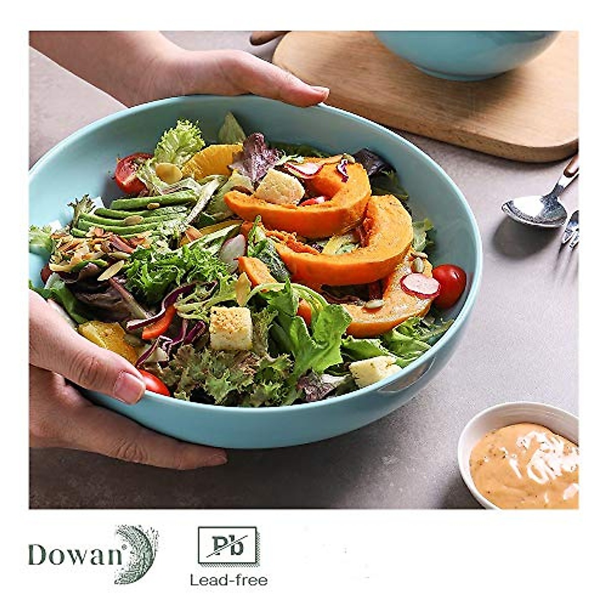 DOWAN 10" Shallow Serving Bowls, 60 oz Large Serving Bowls and Platters, Serving Plate for Salad Pasta Soup Fruit, Porcelain Serving Dishes for Dinner Party, Set of 2, Turquoise