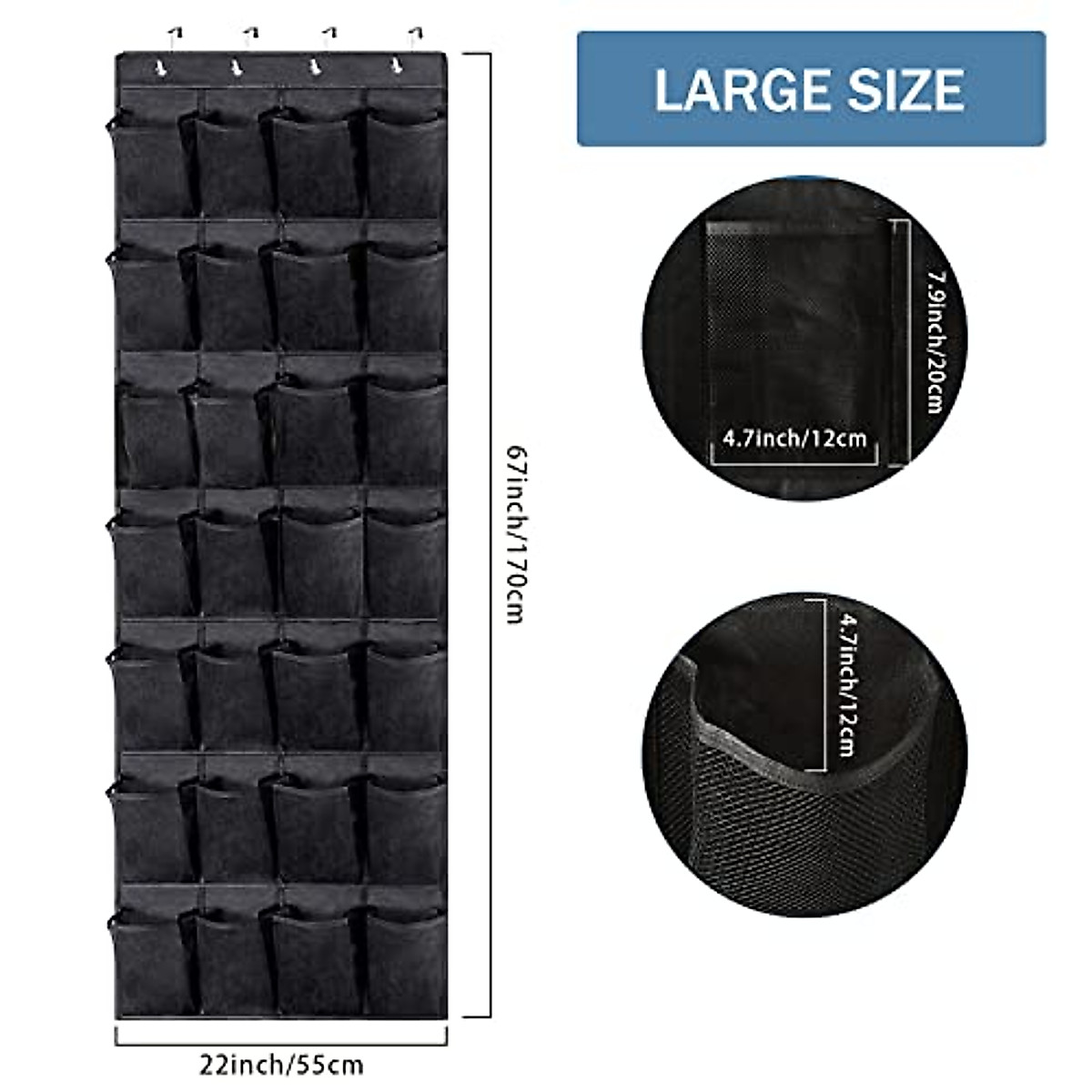 HKCDUUT Hanging Shoe Storage Organizer Over the Door 28 Large Mesh Pockets Door Storage Shoe Holders Shoe Rack for Closet Behind Door Organizer, Black 67"X22"