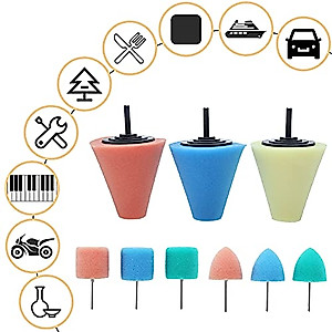 AuInLand 3 PCS 1/4 Inch Shank Sponge Buffing Pads with 3 PCS 1/8 Shank Cylindrical Shaped Sponge Polishing Pads and 3 PCS 1/8 Shank Cone Shaped Mini Detailer Polisher Pads