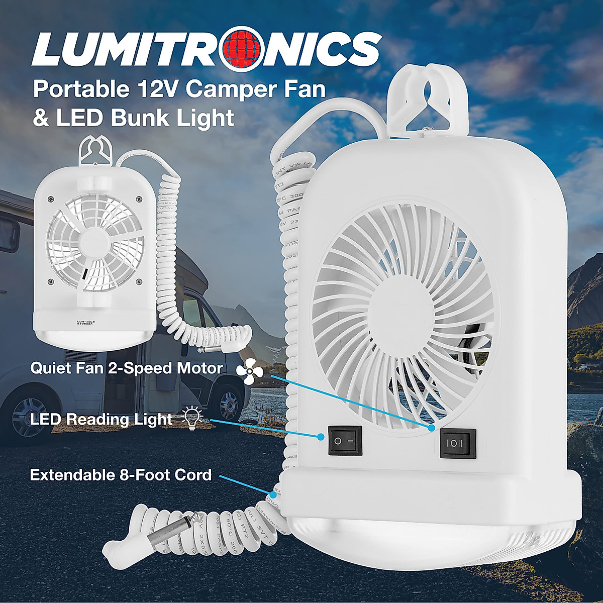 Lumitronics RV Portable 12V LED Interior Bunk Light and 2-Speed Personal Fan Combo - Quiet Motor - Reading Light with Extendable 8-Foot Cord - On/Off Switch - Mounting Brackets Included