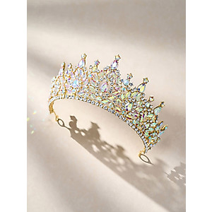 SWEETV Tiara Crown for Women Girls, Aurora Borealis Crystal Princess Crown, Wedding Tiara for Bride, Hair Accessories for Birthday Prom Party Quinceanera Pageant, Iridescent