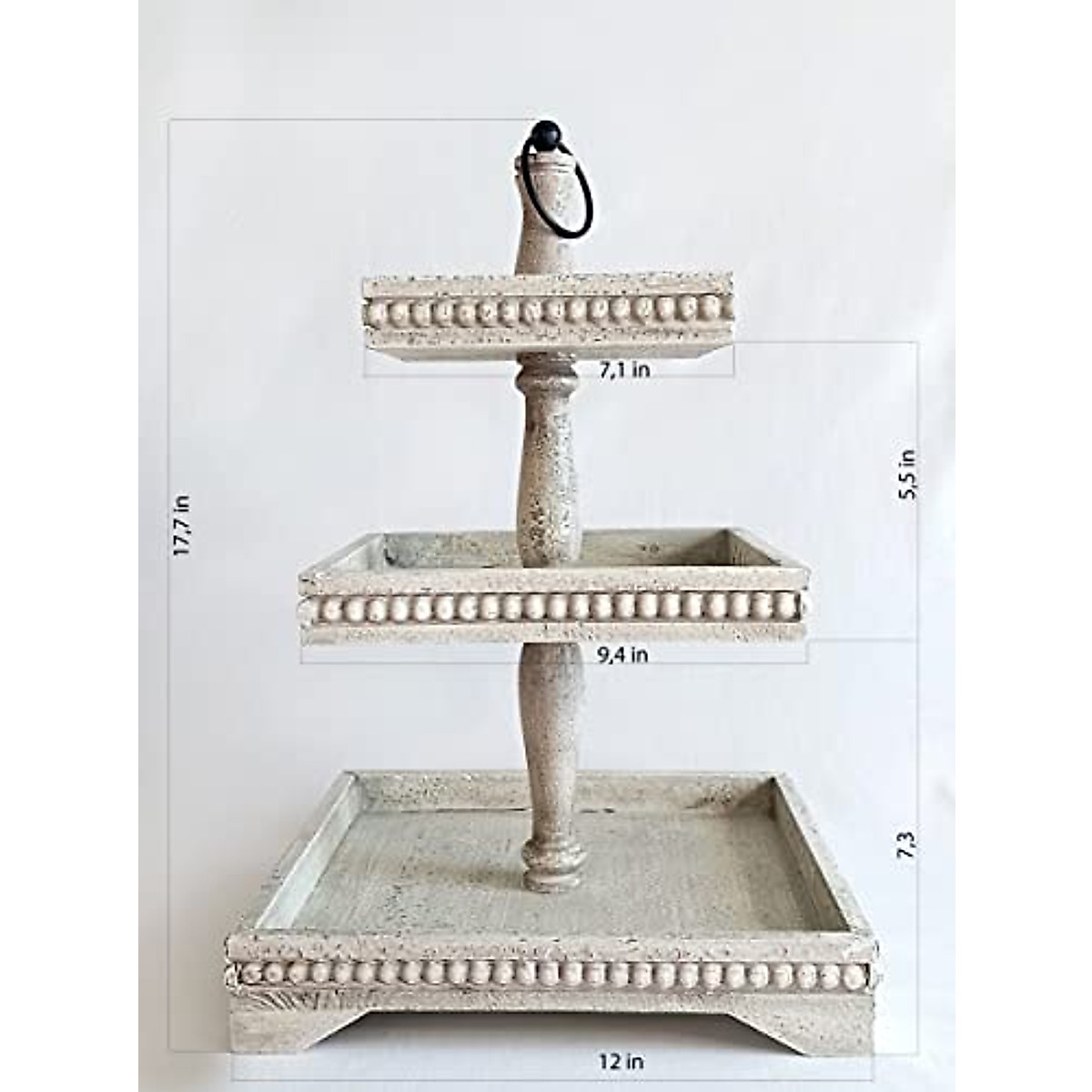 KEFO Three Tiered Beaded Tray Decor Stand - 12 x 18 Inch Large White Wooden 3 Tiered Tray Stand - Decorative Rustic Distressed 3 Tier Tray Decor Table Centerpiece - Tiered Serving Tray for Home Decor