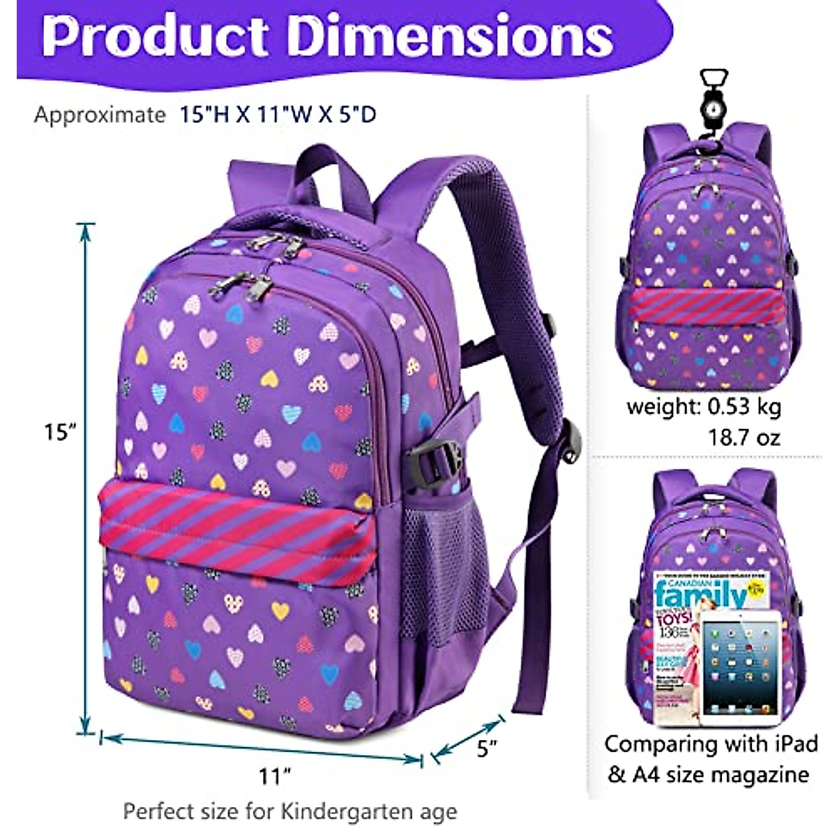 BLUEFAIRY Girls Kindergarten Backpack Set with Lunch Bag Bookbag Kids Preschool Elementary School Bags for Child Teens Lightweight Waterproof Nylon Sturdy Gifts Large Pocket 15 inch(Purple & Blue)
