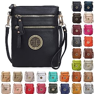 Solene Women's Faux Leather Organizer Multi Zipper Pockets With Detachable Wristlet Crossbody Bag -WU002L (Black)