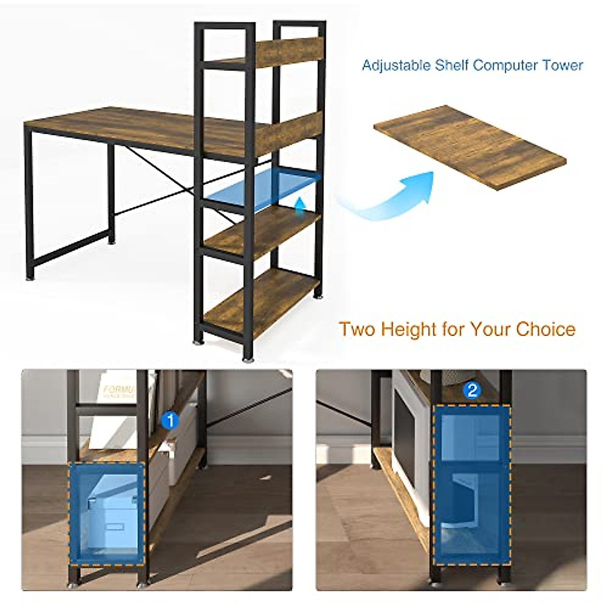 JSungo Computer Desk with 4 Tiers Shelves, 47 Inch Sturdy Table with Reversible Bookshelf for Home Office, Study Tower Desk for Small Space, Industrial Modern Style, Rustic Brown