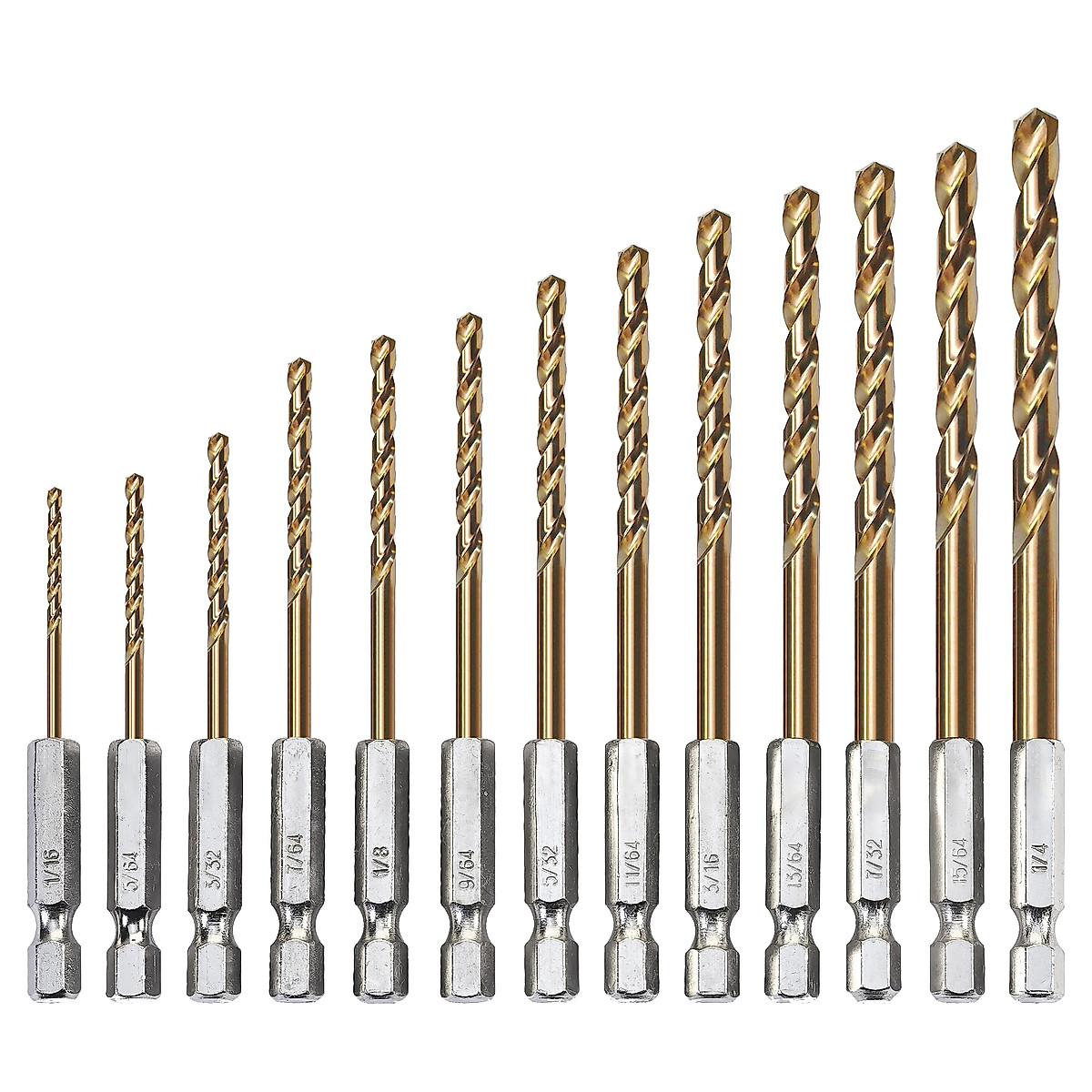 ROGAPER 13 PCS Titanium Coated Hex Shank Drill Bit Set, HSS Twist Drill Bit Sets, Impact Driver Drill Bits for Wood, Steel, Metal, Plastic, Quick Change Design (1/16-1/4)