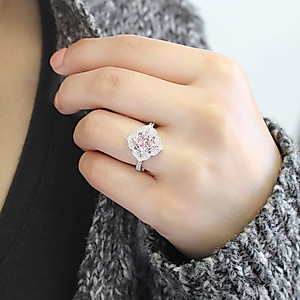 DoubleAccent Platinum Plated Sterling Silver Ring 2 CT Cushion Pink CZ Stone Milgrain Heart Flower Design Vintage Ring (Size 5 to 9), 5