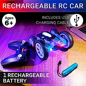 Force1 Tornado LED Remote Control Car for Kids - Double Sided Fast RC Car, 4WD Off-Road Stunt Car with 360 Flips, All Terrain Tires, LEDs, RC Crawler Rechargeable Toy Car Battery, Easy Kids Car Remote