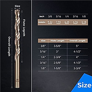 AugTouf 5/16" inch Tri-Blade Tip Cobalt Drill Bits(5Pcs), M35 High Speed Steel Jobber Length Twist Drill Bit Set for Hardened Metal, Stainless Steel and Cast Iron