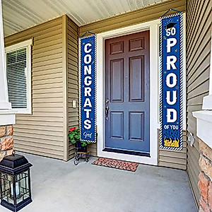 Whaline Graduation Porch Sign Congrats Grad Door Sign So Proud of You Banner Graduation Welcome Hanging Banner Graduation Party Backdrop for Grad Party Outdoor Yard Decorations (Blue)