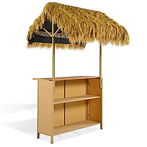 Brabrety Bar Height Outdoor Patio Set with PE Grass Canopy and Acacia Wood Top,Bar Table and Stools with Adjustable Feet,for Dining and Drinking (Natural@Grass Canopy)