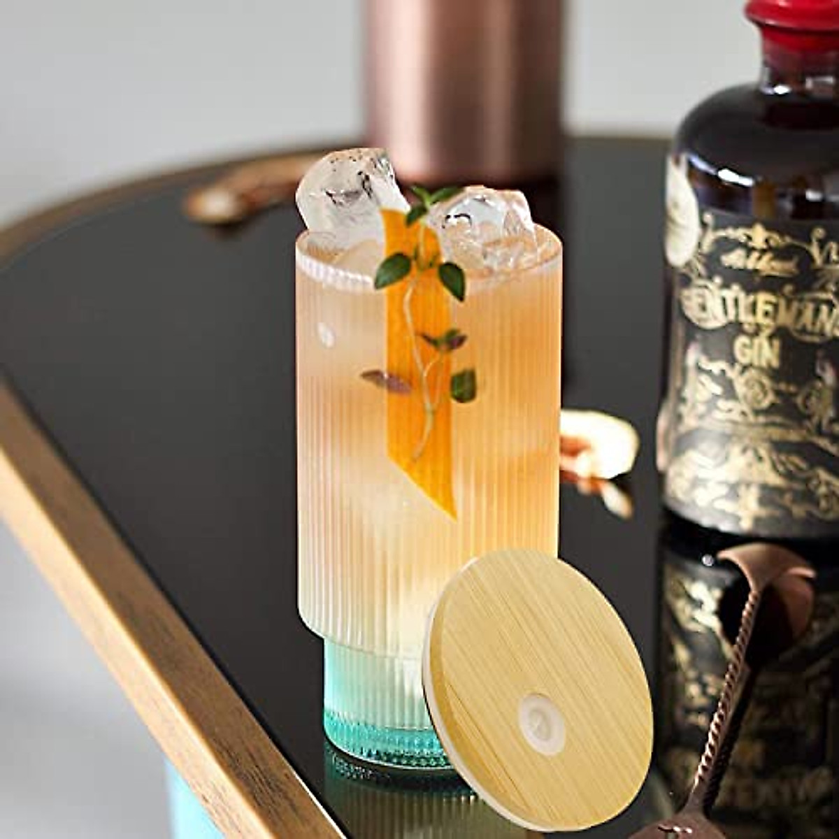 CAYOREPO 4 Pcs Set 16oz Ribbed Drinking Glasses with Bamboo Lids and Straws, Ribbed Glass Cups, Stackable Glasses, Vintage Water Glasses for Juice, Beer, Coffee, Tea and Cocktail (Clear(4Pcs))