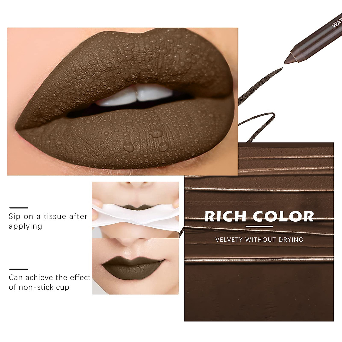 NewBang 3 Colors Dark Black Lipstick and Lipliner,Matte Liquid Lipstick Set,Black Brown Lip Stain Lip Gloss and Lip Liner Waterproof Longlasting Lip Halloween Christmas Makeup(6 pcs)