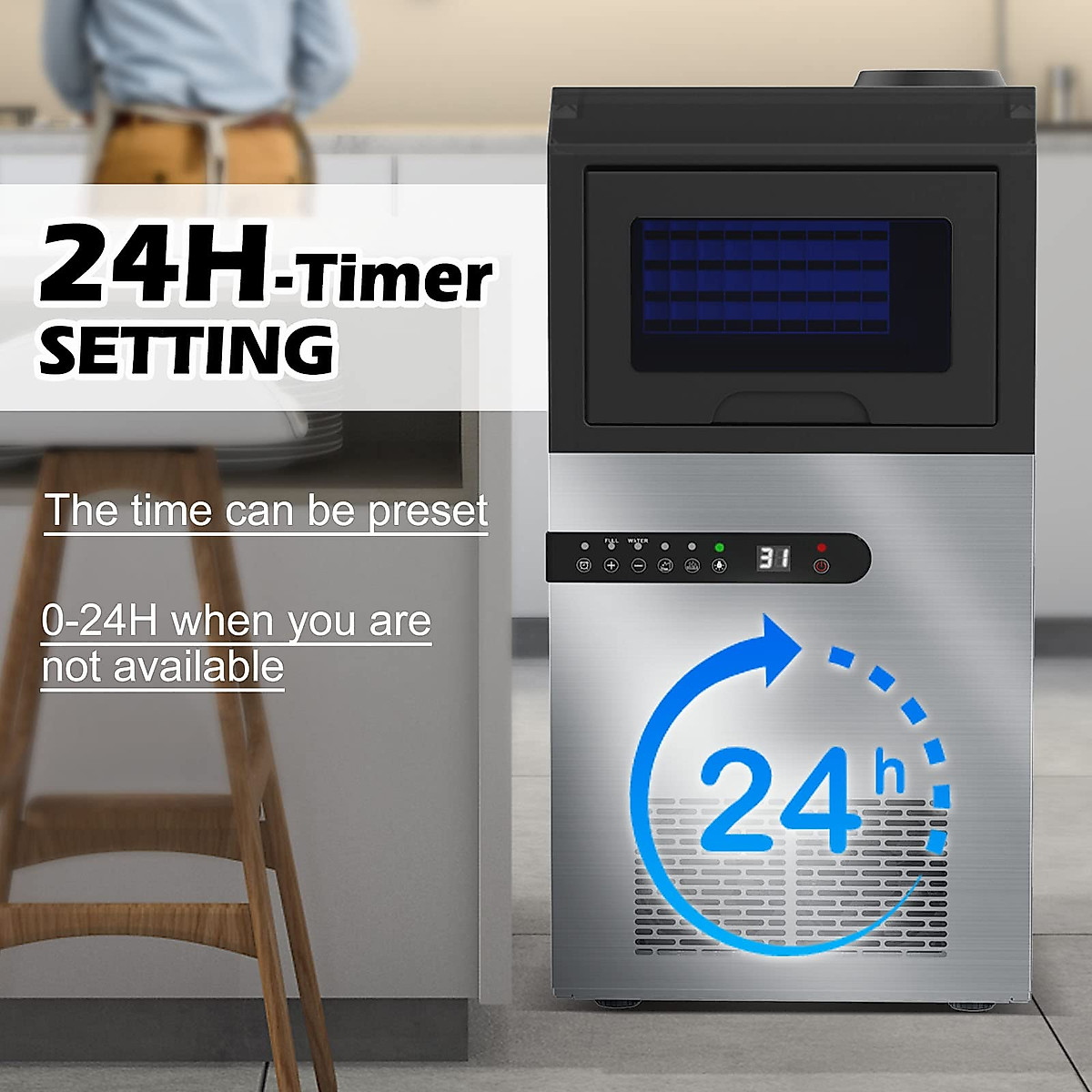 Kikihuose Commercial Ice Maker Machine, 100Lbs/24H Ice Production Under Counter Ice Maker, Tap Water & Top Loading Freestanding Ice Machine, 45 Ice Cubes/Cycle, Include Ice Scoop, Connection Hose