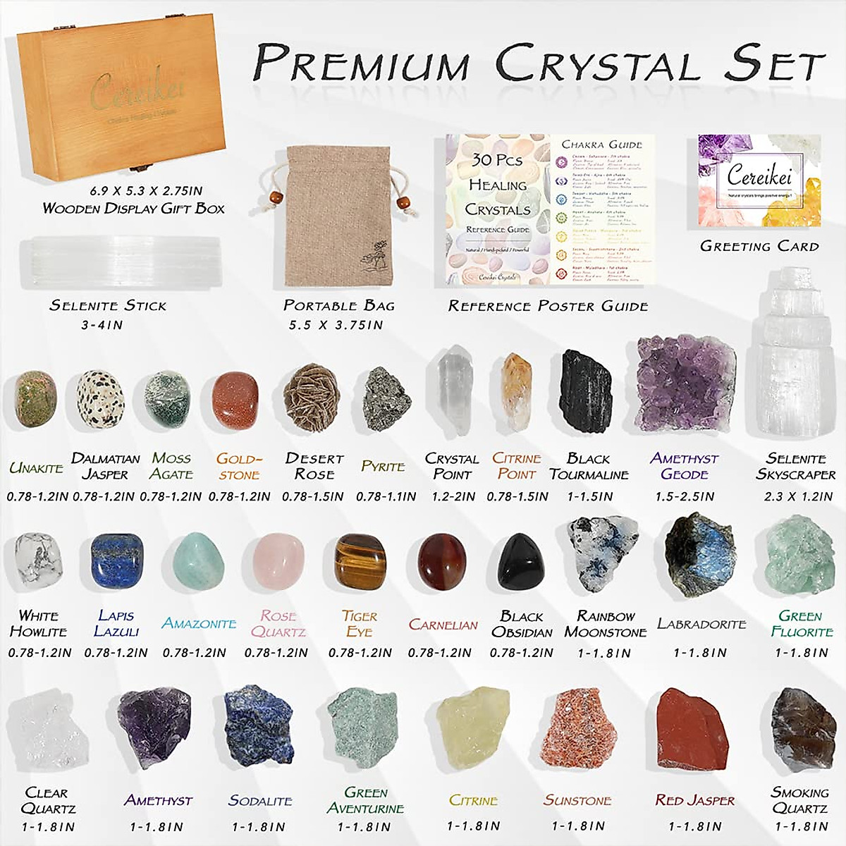 30 PCS Crystals and Stones Set - Natural Raw Healing Crystals & Tumbled Chakra Stones, Premium Protection Crystals Gift Kit Display in Wooden Box + Info Guide
