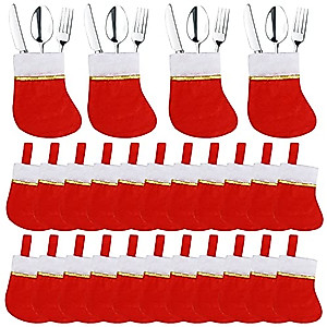 CCINEE 24PCS Christmas Socks Decoration Tableware Holders Red Felt Christmas Stockings with Golden Trim Spoon Knife Fork Bags Candy Pouch Bags Mini Stockings for Silverware Xmas Party Dinner Decor
