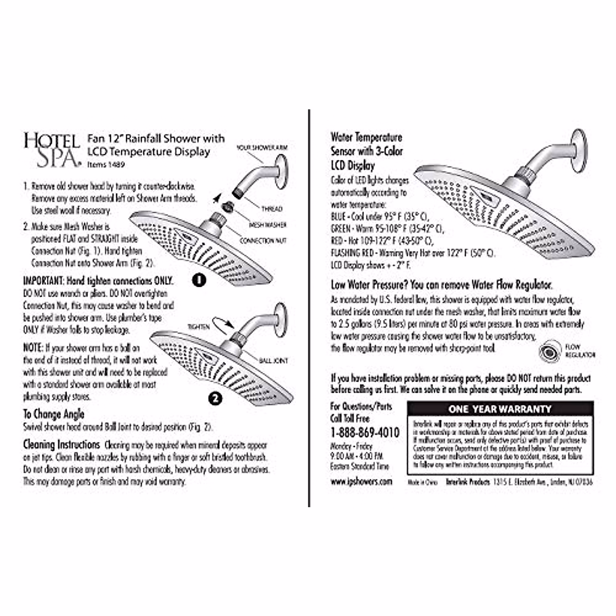 Dream Spa AquaFan 12 inch All-Chrome Rainfall-LED-Shower-Head with Color-Changing LED/LCD Temperature Display