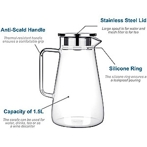 52 Ounces Borosilicate Glass Pitcher with Handle - Heat Resistant Water Carafe with Stainless Steel Lid - Large Beverage Pitcher for Homemade Juice and Iced Tea