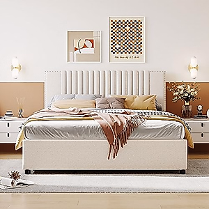 Merax Queen Size Upholstered Platform Bed Frame with Soft Classic Headboard and 4 Drawers, Linen Fabric,Beige