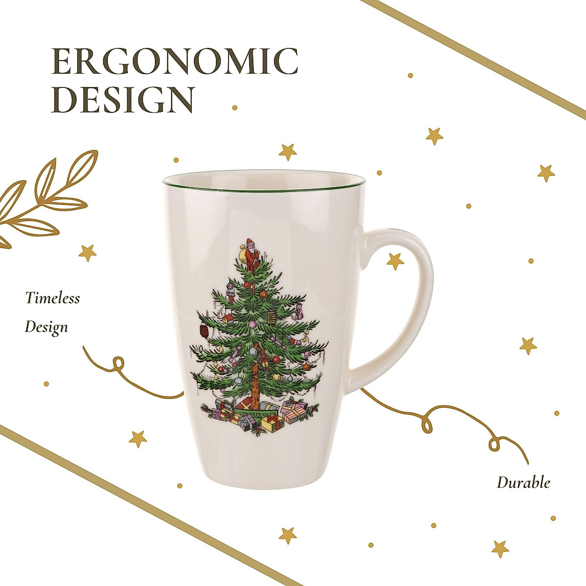 Spode Christmas Tree Latte Mug - 22 Oz Holiday Coffee Cup for Tea, Hot Cocoa, and More - Classic Green Banded Christmas Tree Design - Dishwasher & Microwave Safe Fine Earthenware Mug