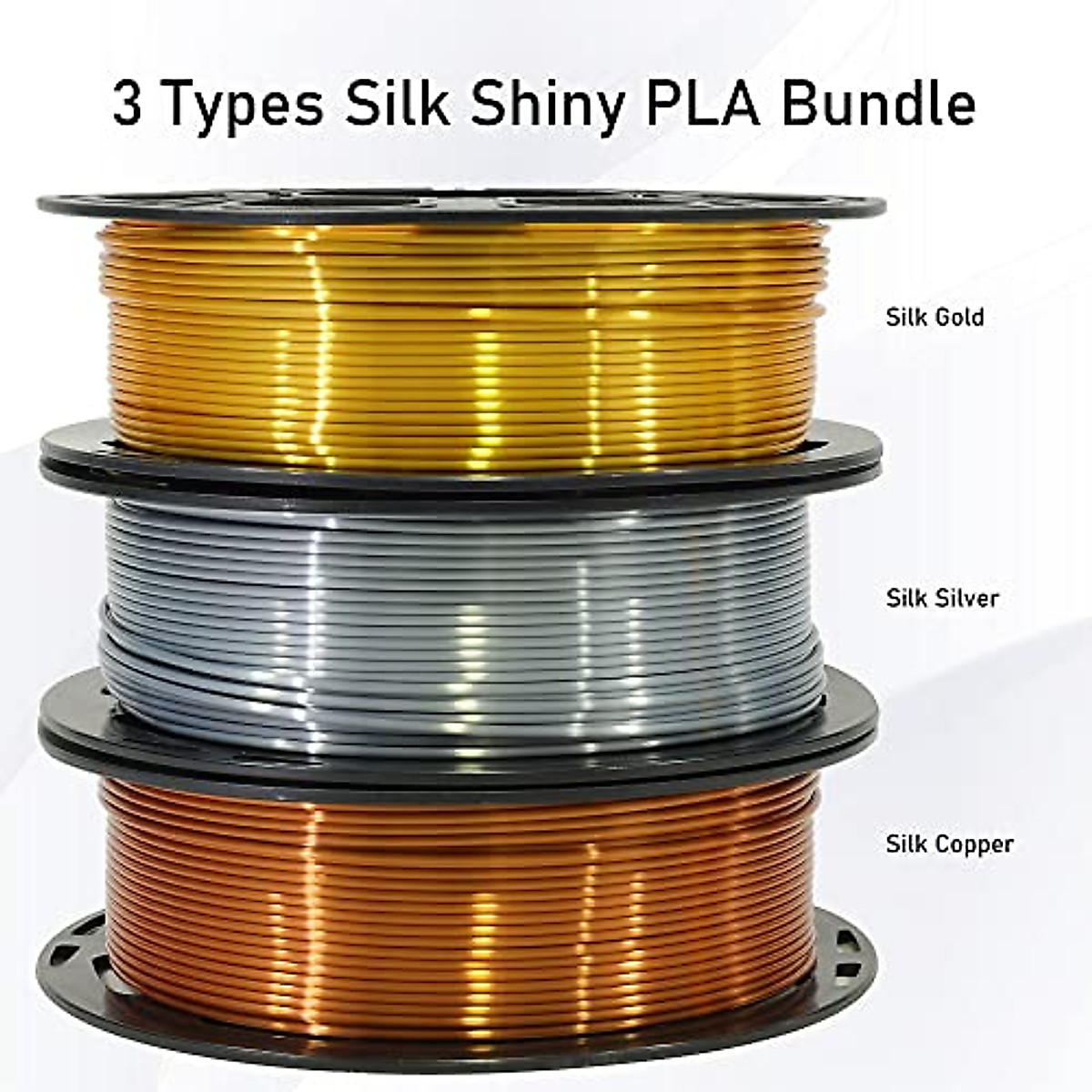 Shiny Silk Gold Silver Copper PLA Filament Bundle, 1.75mm 3D Printer Filament, Each Spool 0.5kg, 3 Spools Pack, with One 3D Printer Remove or Stick Tool MIKA3D