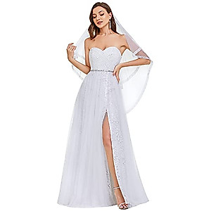 Ever-Pretty Women's Sexy Strapless Lace up Back Tulle High Slit Wedding Dresses for Bride White US6