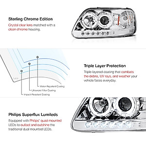 [For 1997-2003 Ford F150 Pickup Truck] LED Halo Ring Chrome Housing Projector Headlight Headlamp Assembly, Driver & Passenger Side