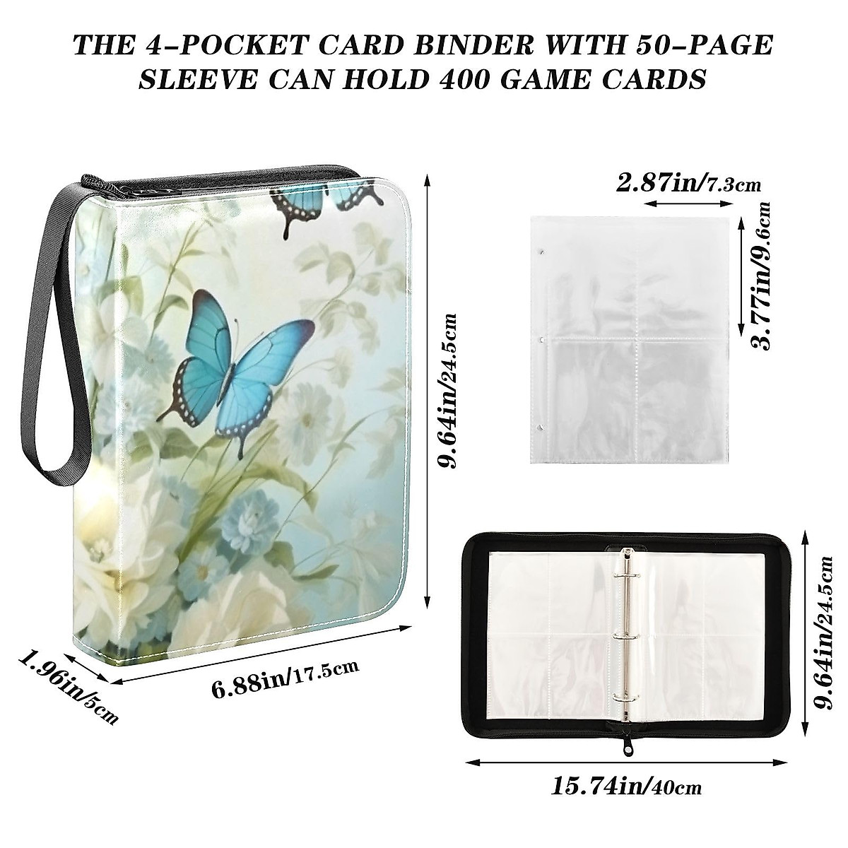 PYBUG Butterfly Trading Card Binder with Nylon Strap 4-Pocket Waterproof PU Leather Card Collection Binder for 400 Cards Sturdy Card Holder Folders for Game Cards,Sports Cards