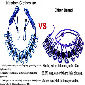 Travel Clothesline,4m/13ft Portable Retractable Adjustable Clothes Line Rope with 1 Waterproof Bag, 12 Clothespins, 13 Anti-Skid Clips for Outdoor and Indoor(Blue)