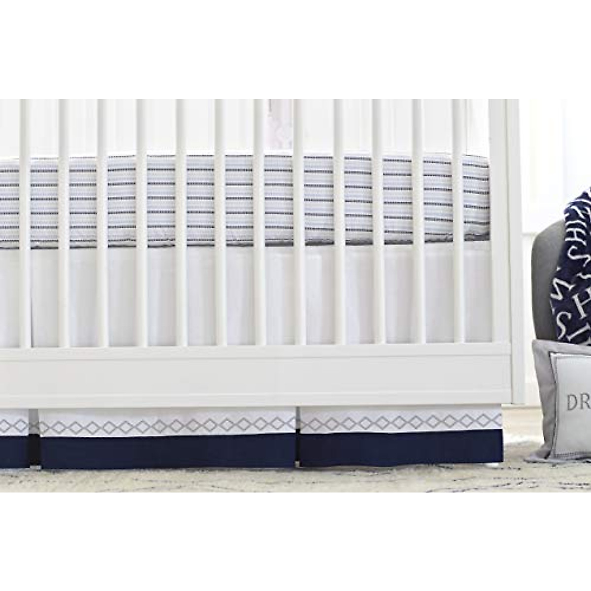 Just Born Boys and Girls Newborn Infant Baby Toddler Nursery Dust Ruffle Beddding Crib Skirt, Navy/White, One Size