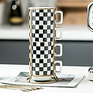 Miamolo Stackable Coffee Mug Set of 4 with Rack 11 oz Tea Cup Set with Tea Spoon Perfect for Coffee, Tea, Cocoa, Milk Chessboard Black and White Pattern Coffee Mug as Christmas Gifts