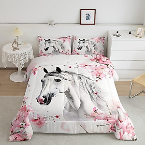 Feelyou Kids Boys Girls Horse Bedding Set Full, Cherry Blossom Comforter Horse Comforter Set for Pink Horse Duvet Set 3Pcs Room Decor Quilt Set Bedding Collection