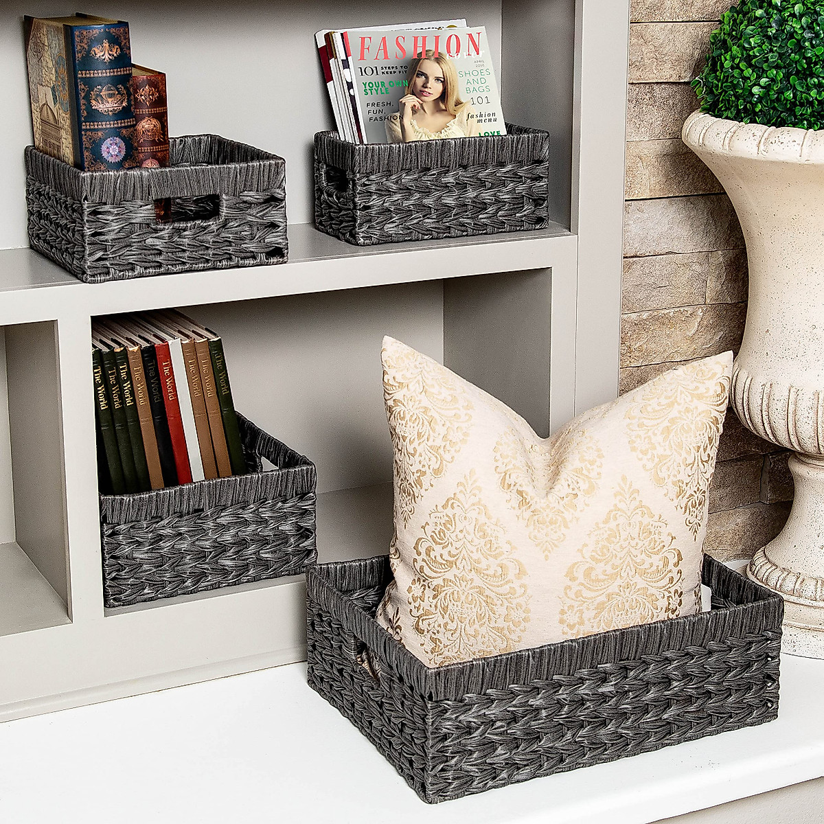 Seville Classics Premium Handwoven Portable Laundry Bin Basket with Carrying Handles, Household Storage for Clothes, Linens, Sheets, Toys, Modern Gray, Rectangular (4-Pack)