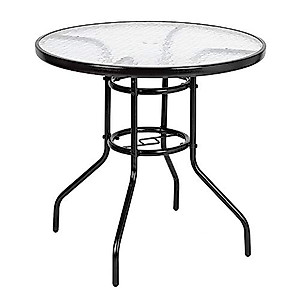 VINGLI Patio Table with Umbrella Hole, 32" Round Outdoor Dining Table Steel Tempered Glass Patio Table Outdoor Table for Balcony Garden Deck