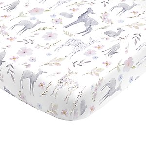 NoJo Super Soft Floral Deer Nursery Mini Crib Fitted Sheet, Grey, Light Blue, Pink, White 24x38 Inch (Pack of 1)